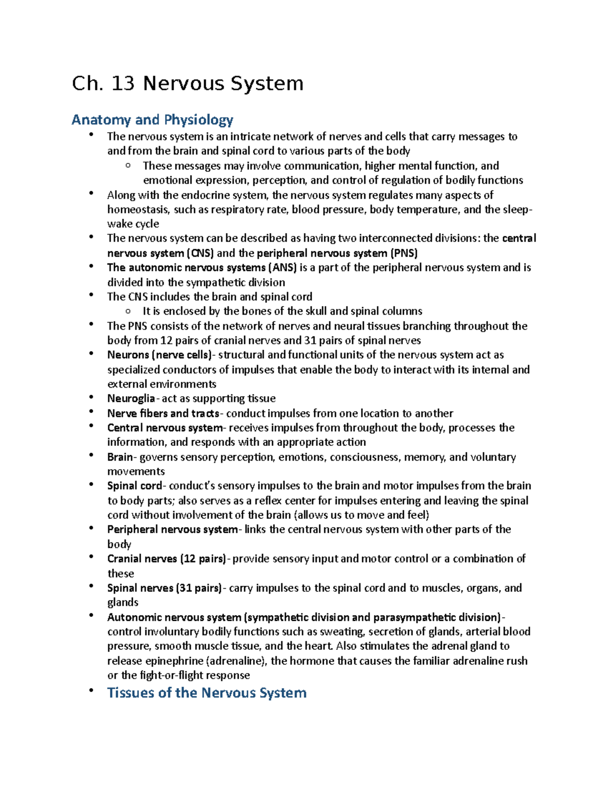 Ch. 13 Nervous System - Lecture notes Ch. 13 - Ch. 13 Nervous System ...
