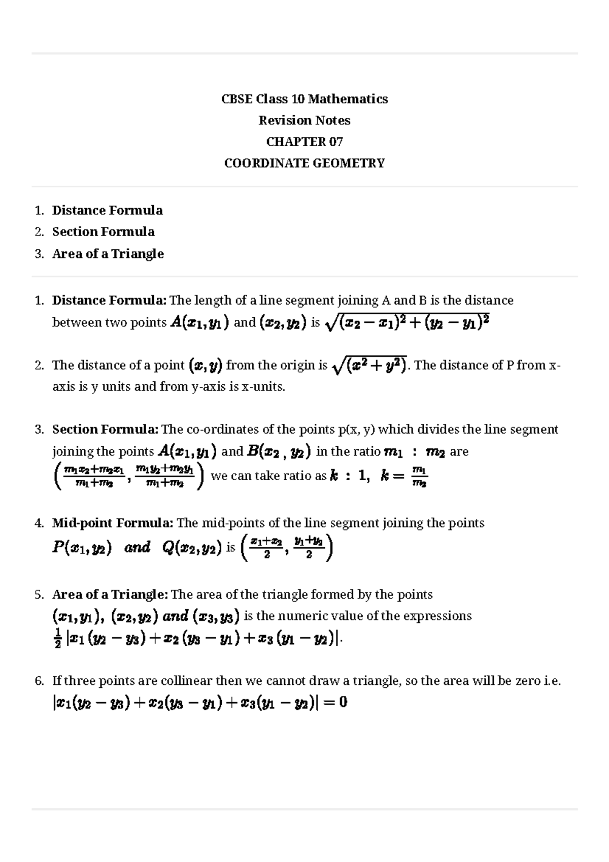 Coordinate Geometry - CBSE Class 10 Mathematics Revision Notes CHAPTER ...