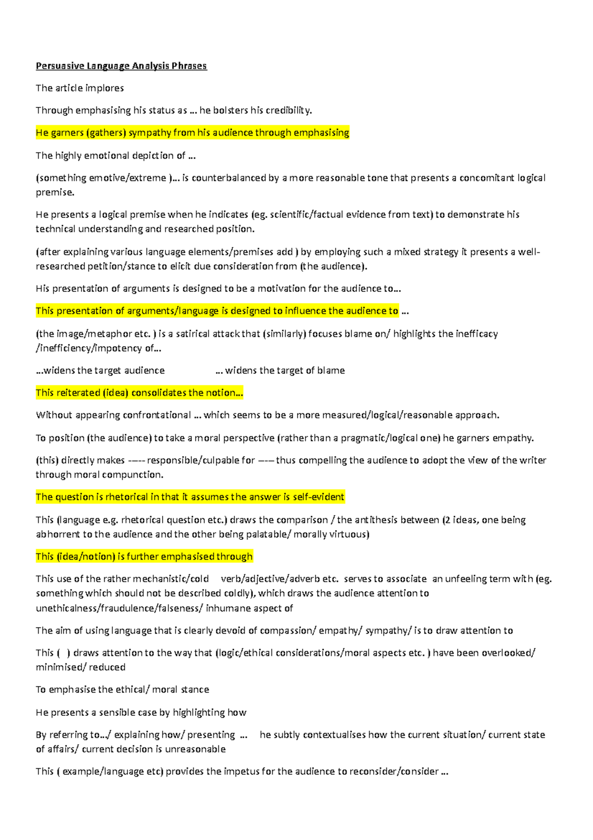 Language Analysis phrases - Persuasive Language Analysis Phrases The ...