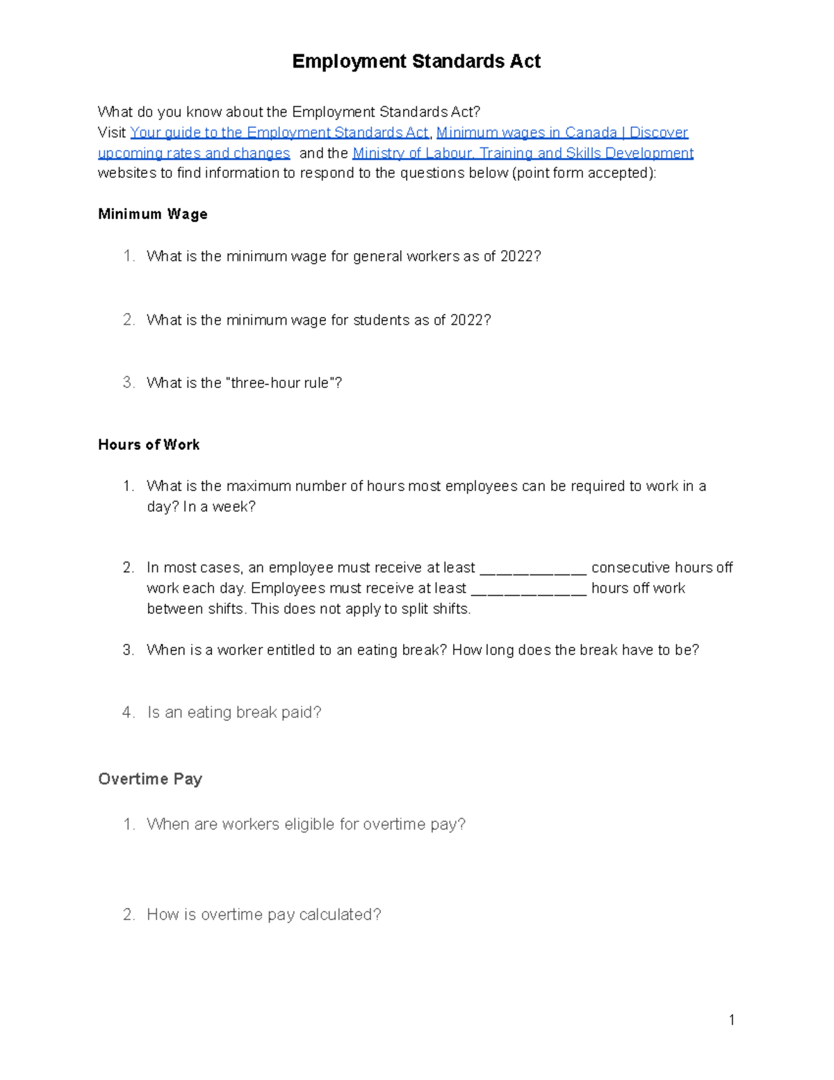 Waller ESA worksheet - n/a - Employment Standards Act What do you know ...