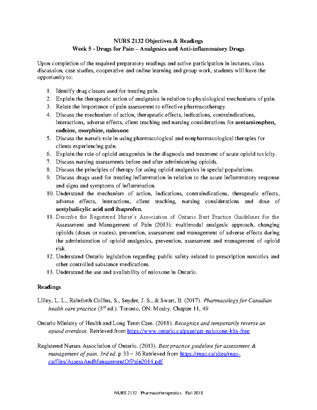 NURS 2132 Week 5 Objectives - NURS 2132 Pharmacotherapeutics Fall 2018 NURS 2132 Objectives ...