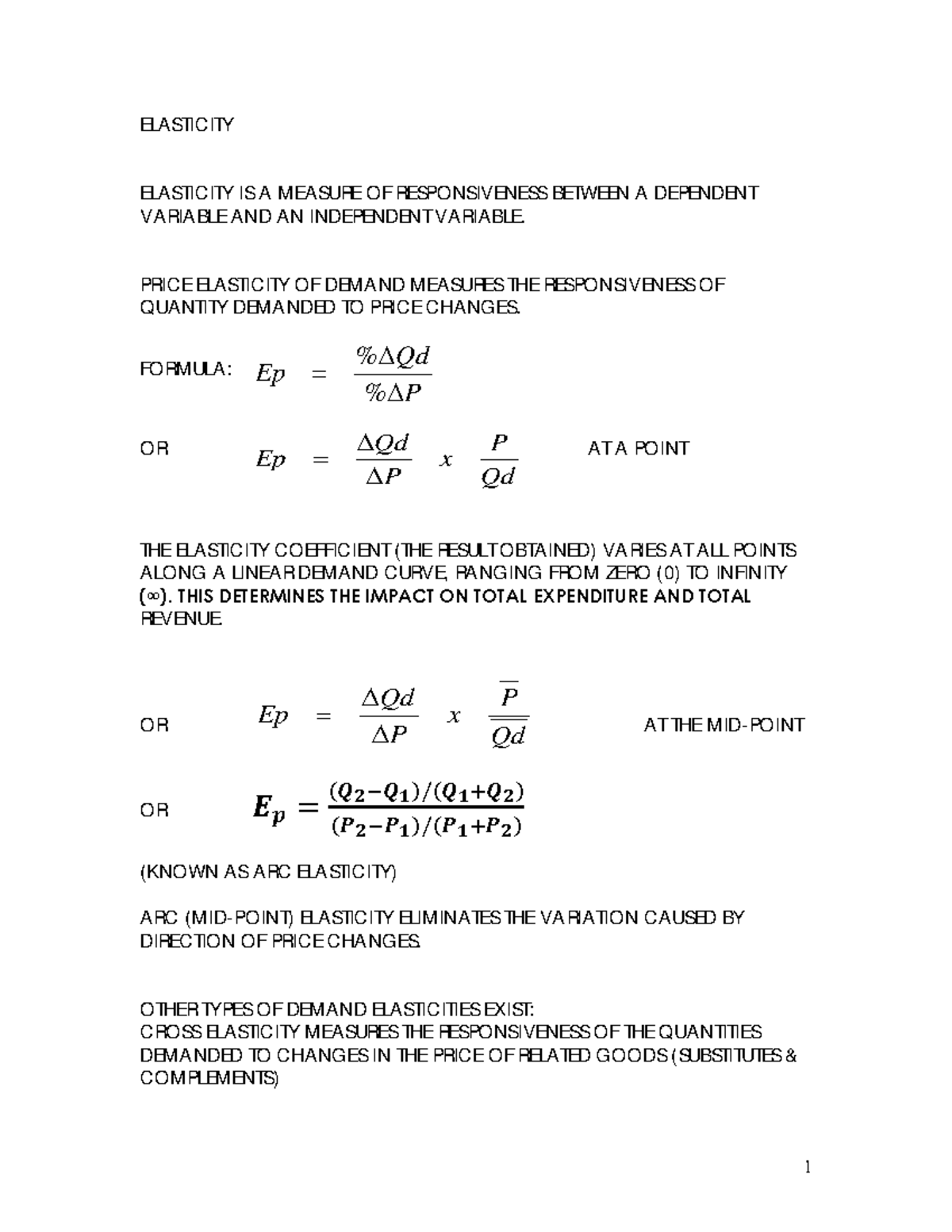 Elasticity - Study Guide 2019 - ELASTICITY ELASTICITY IS A MEASURE OF ...