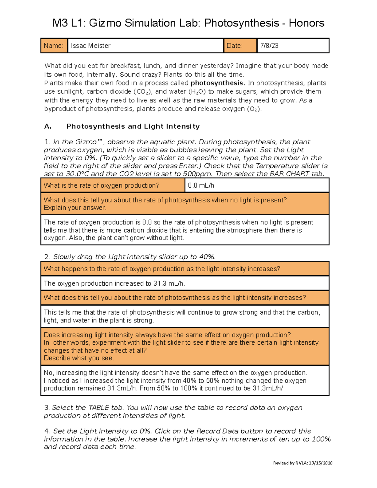 Copy of M3 L1 Gizmo Simulation Photosynthesis - Honors - Name: Issac ...