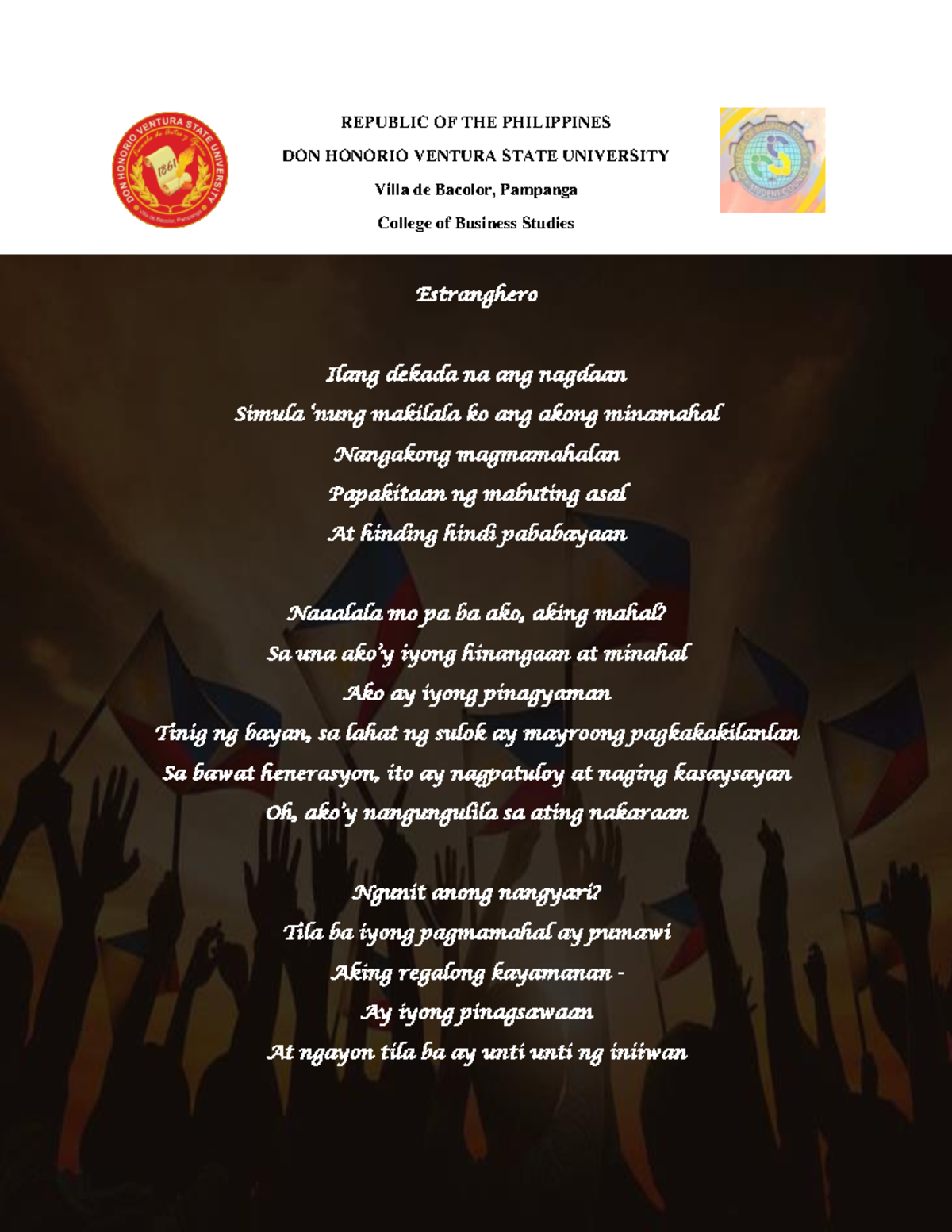 Spoken Poetry - Tula - REPUBLIC OF THE PHILIPPINES DON HONORIO VENTURA ...