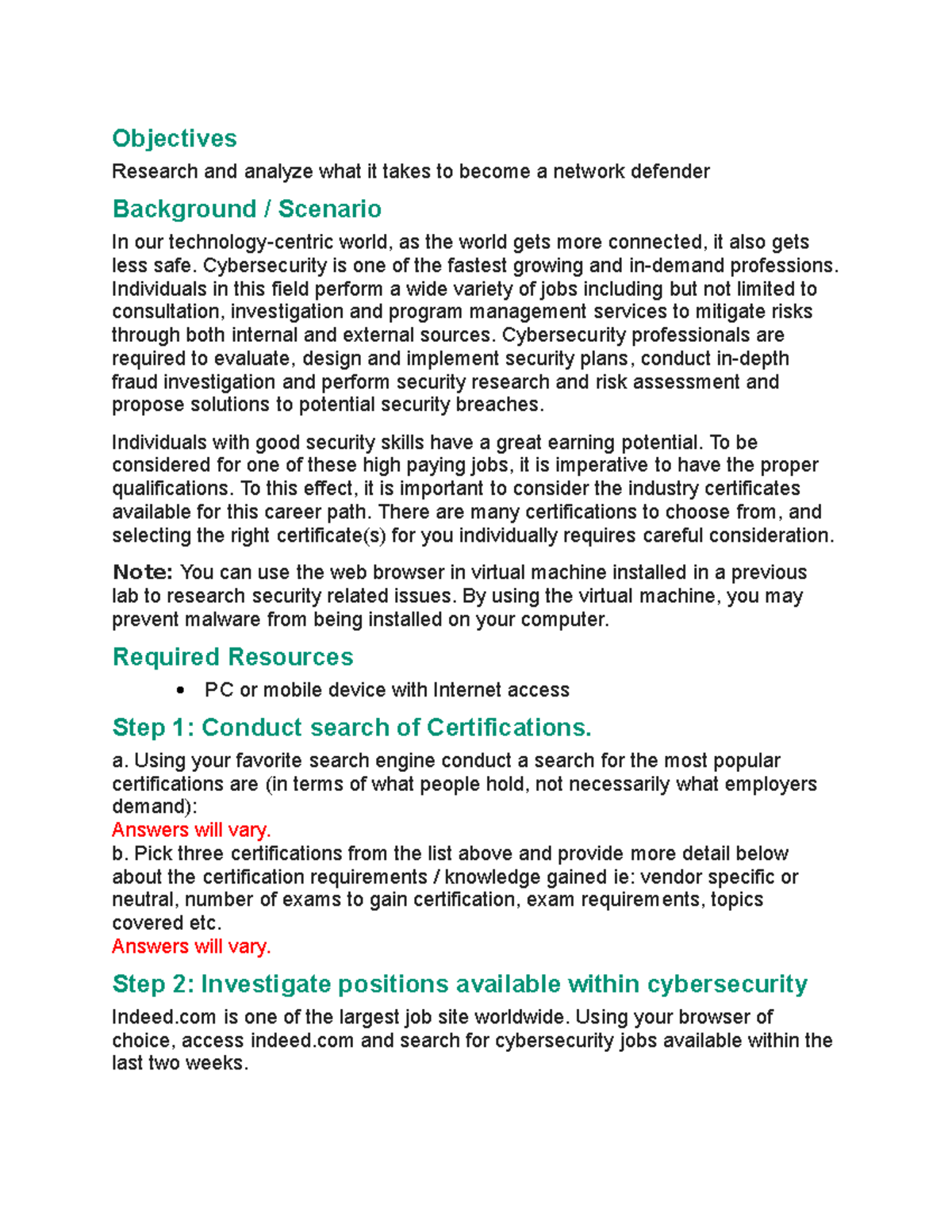 Week 5 Becoming a Defender Instructor Notes - Objectives Research and ...