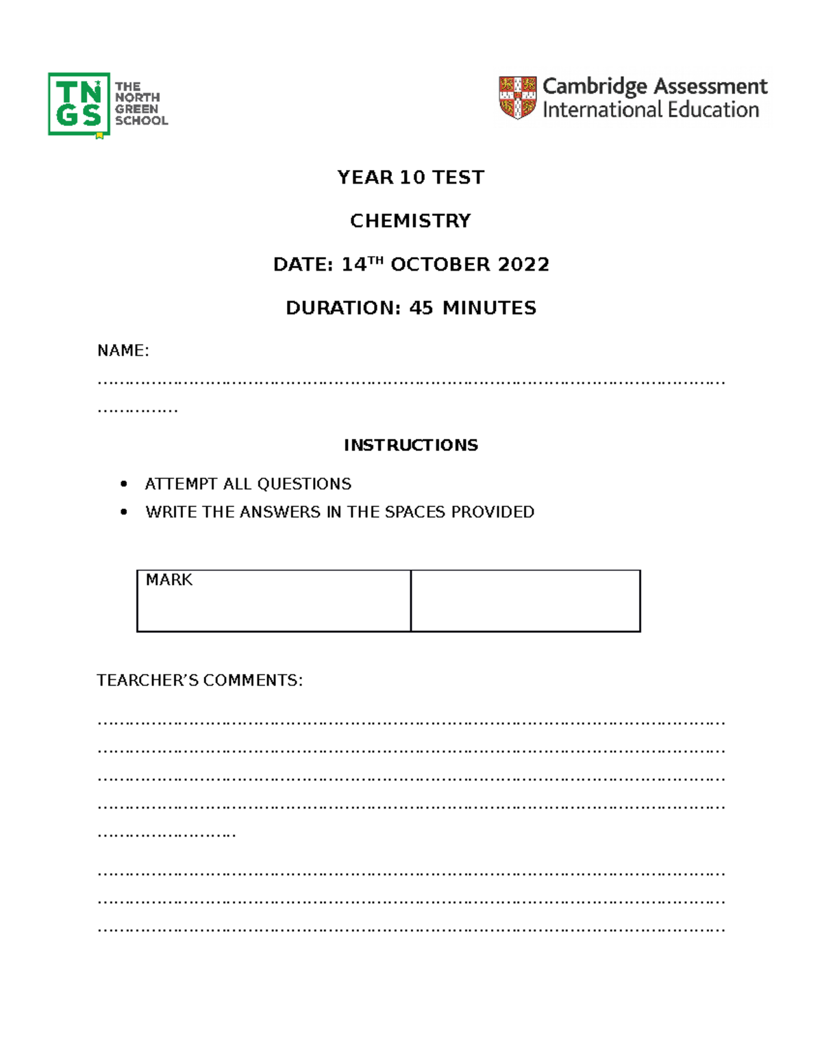 Bonding test - YEAR 10 TEST CHEMISTRY DATE: 14TH OCTOBER 2022 DURATION ...
