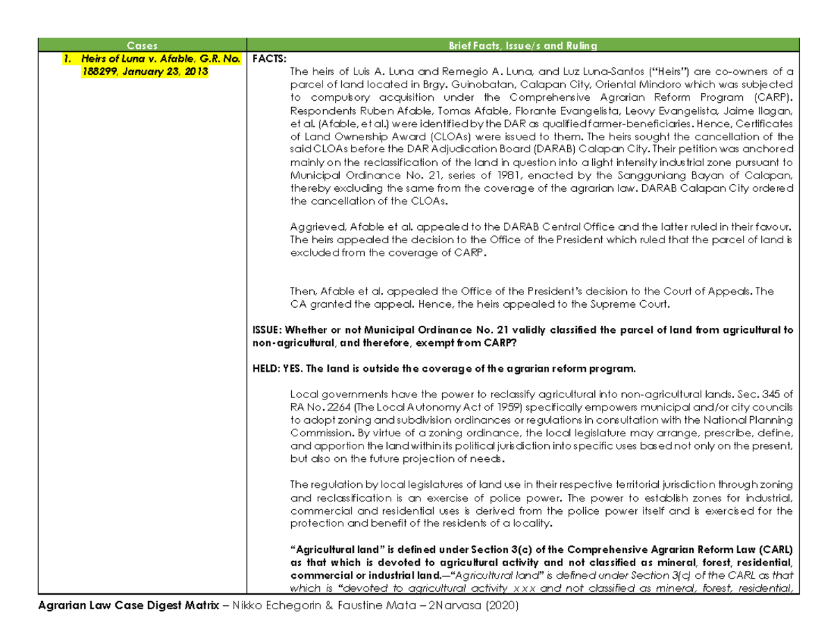 CARL Cases Socleg Final - Cases Brief Facts, Issue/s and Ruling 1 ...
