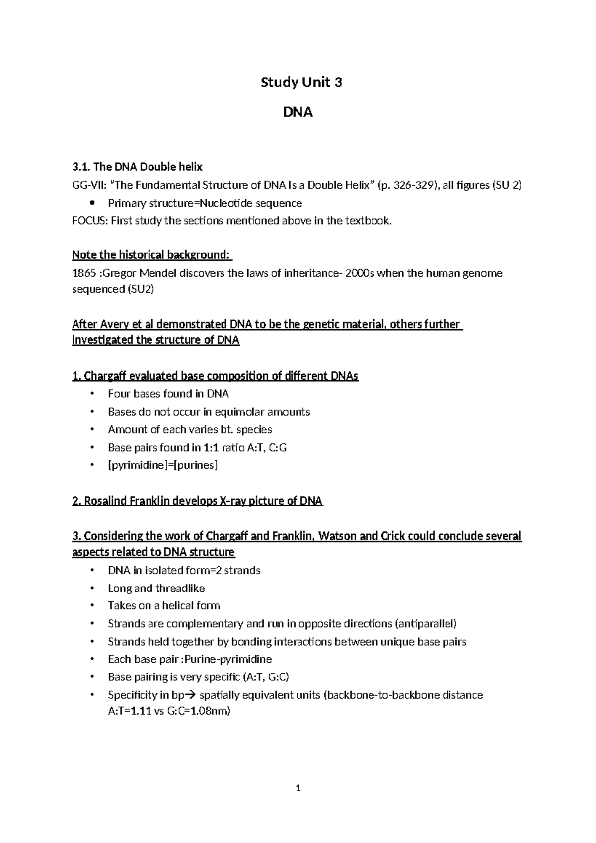 SU3 - study unit 3 biochemistry - Study Unit 3 DNA 3. The DNA Double ...
