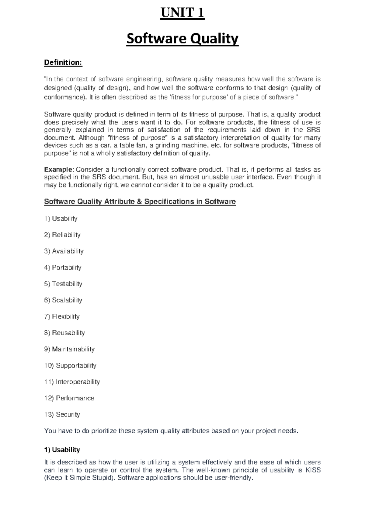 SQE MCA Notes Unit 1 - UNIT 1 Software Quality Definition: “In the ...