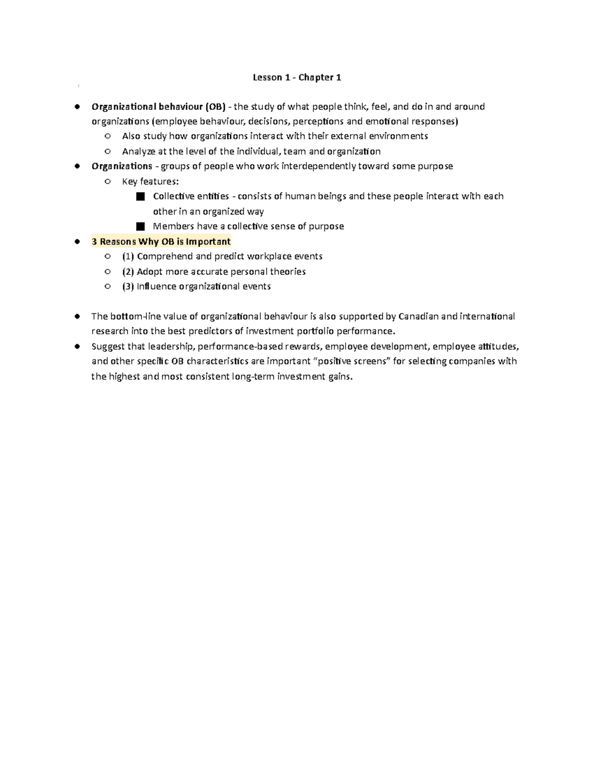 Chapter 1 - Lesson 1 - Chapter 1 Organizational behaviour (OB) - the ...