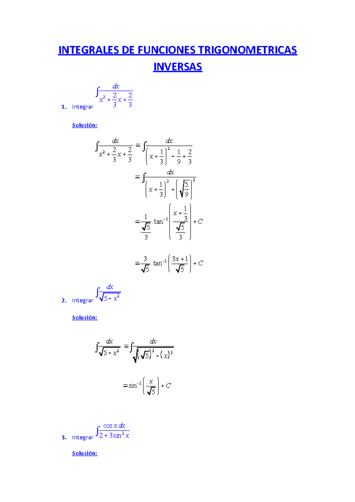 8. funciones trigonometricas inversas - INTEGRALES DE FUNCIONES ...