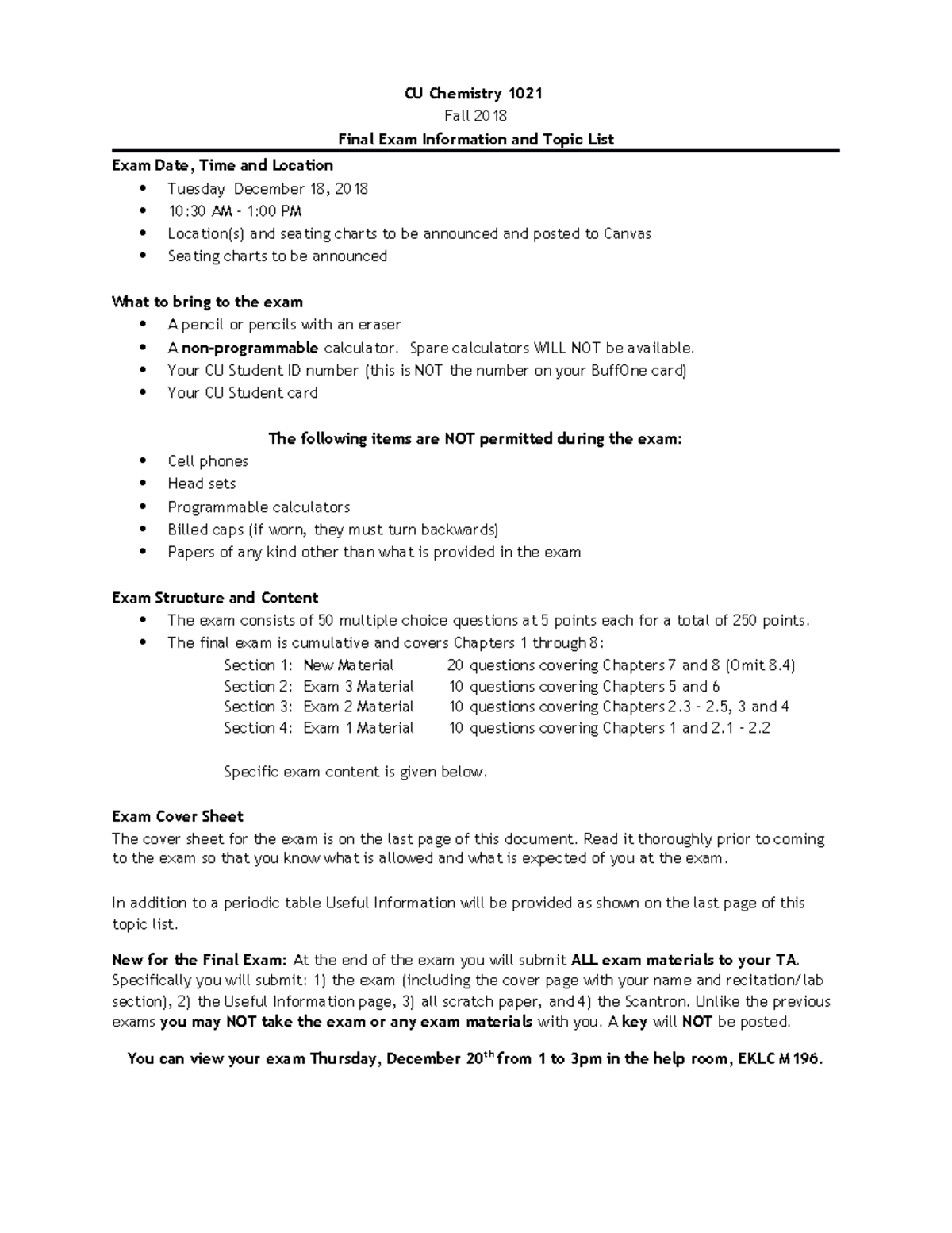 Final Exam Topic List - CU Chemistry 1021 Fall 2018 Final Exam ...