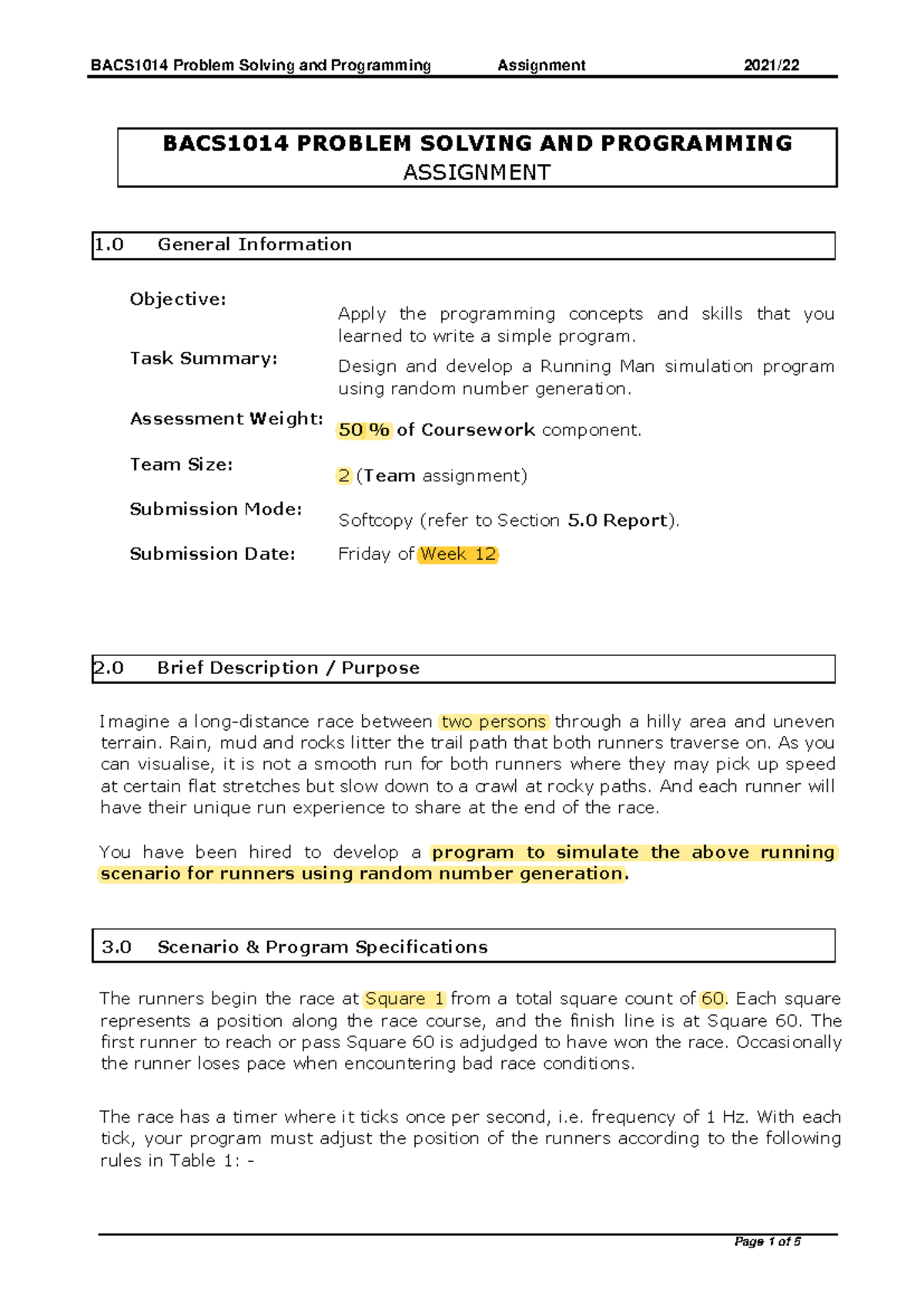 BACS1014 Assignment 202105 - BACS1014 PROBLEM SOLVING AND PROGRAMMING ASSIGNMENT 1 General - Studocu