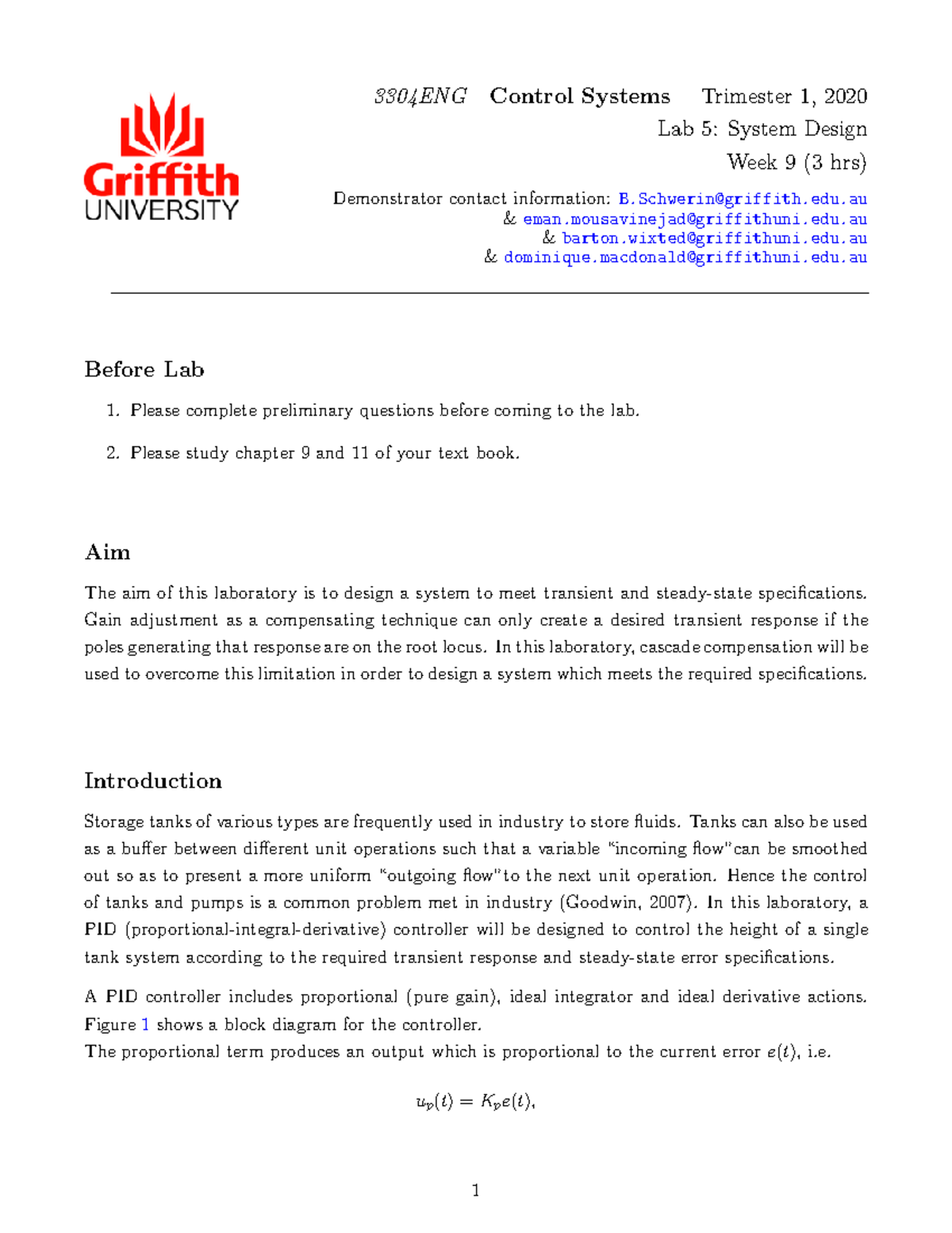 Week9 Lab5 - lab worksheet for bilogical systems - 3304ENG Control Systems Trimester 1, 2020 Lab ...