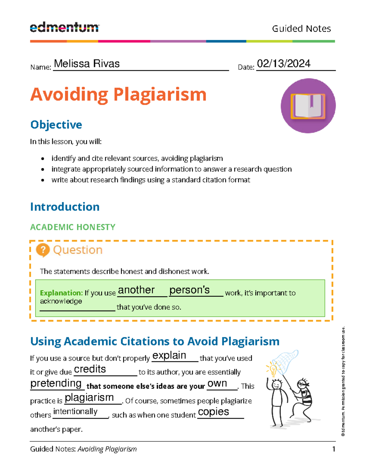 Avoiding Plagiarism - Edmentum Guided Notes English - Name: Date ...