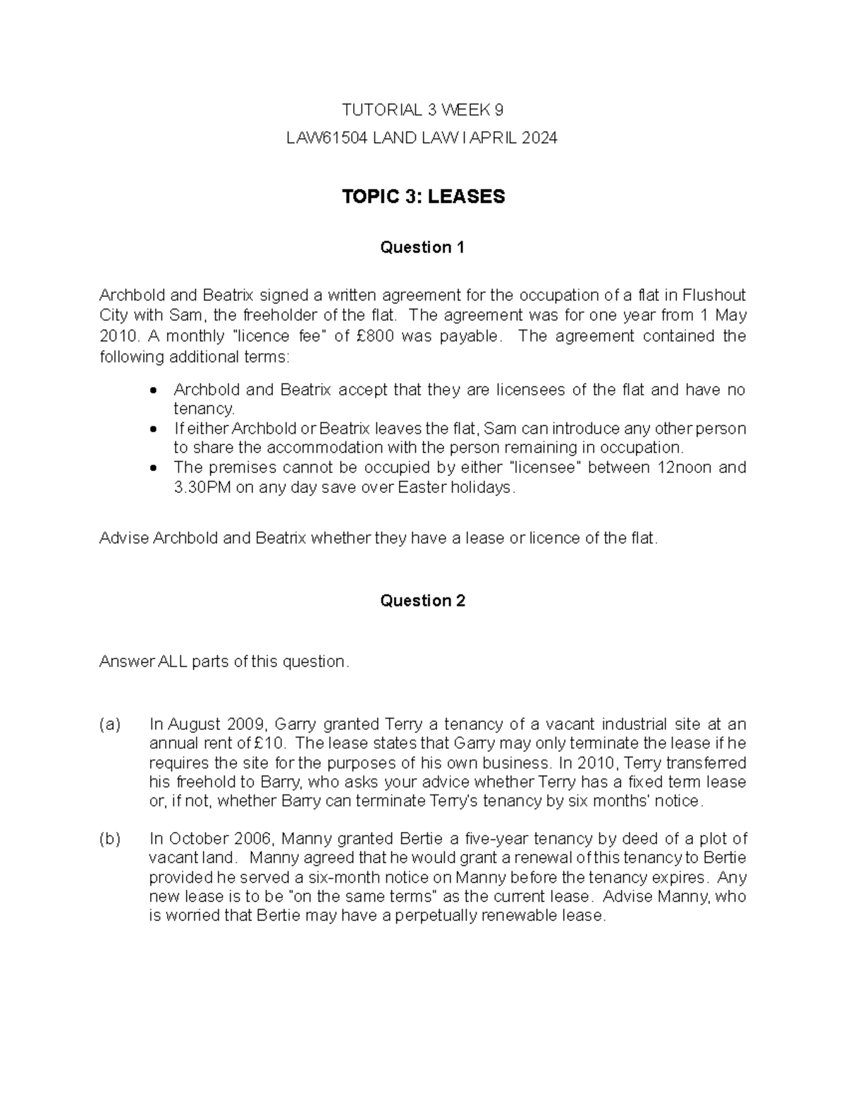 Tutorial 3 - TUTORIAL 3 WEEK 9 LAW61504 LAND LAW I APRIL 2024 TOPIC 3 ...