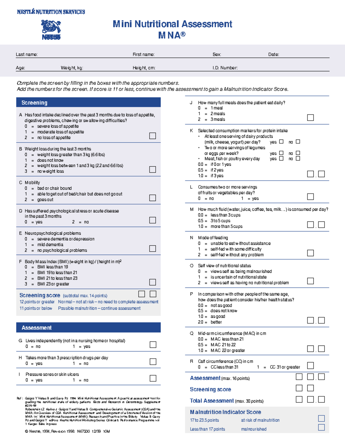Mini Nutritional Assessment form - Complete the sc reen by filling in ...