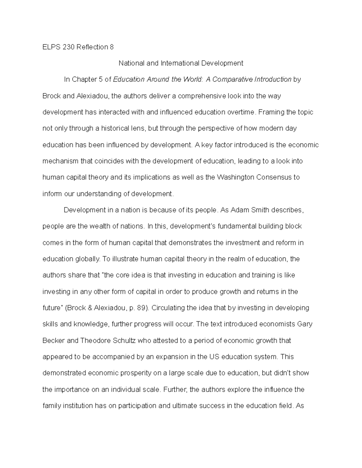 ELPS 230 Reflection 8 - ELPS 230 Reflection 8 National and ...