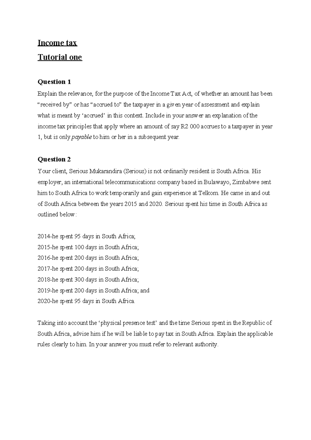 Income tax tutorial - Practice questions - Income tax Tutorial one ...