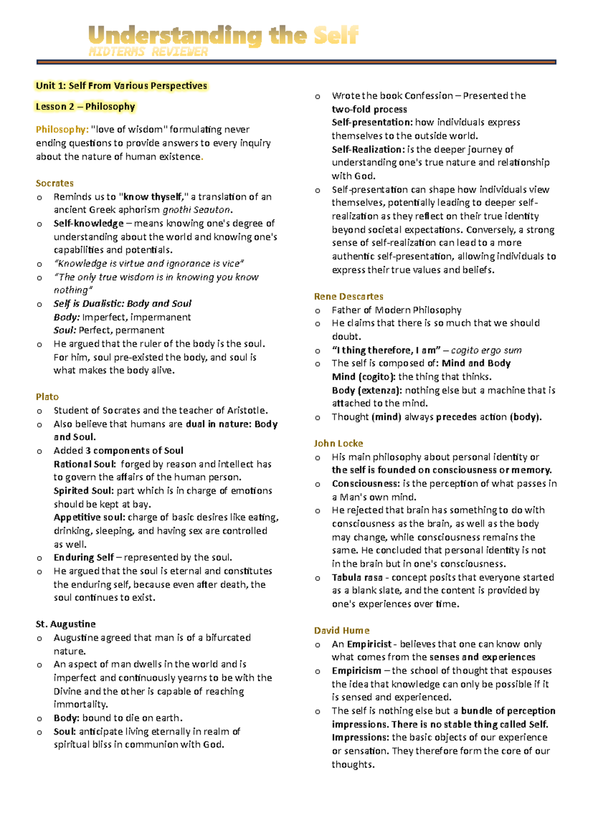 Reviewer Format - Understanding the Self - MIDTERMS REVIEWER Unit 1: Self From Various ...