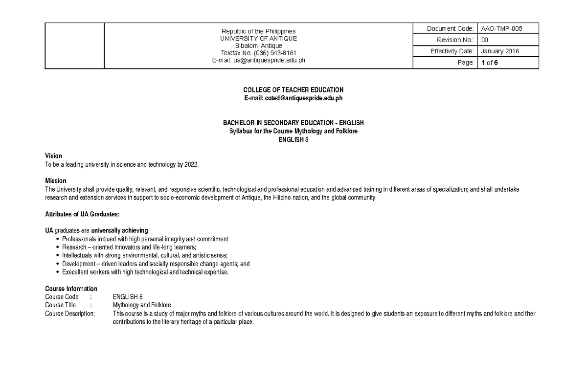 Mythology and Folklore Syllabus - Republic of the Philippines ...