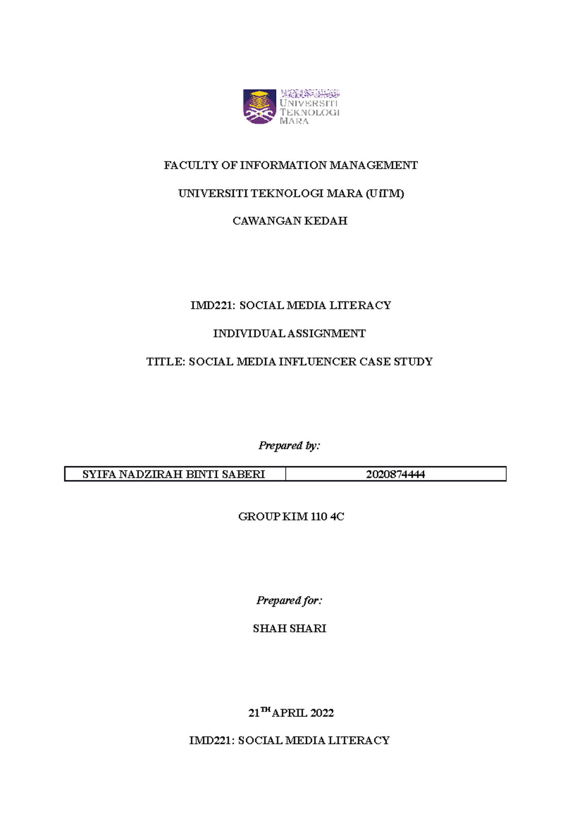 Assignment 1 ( Social Media Influencer) - FACULTY OF INFORMATION ...