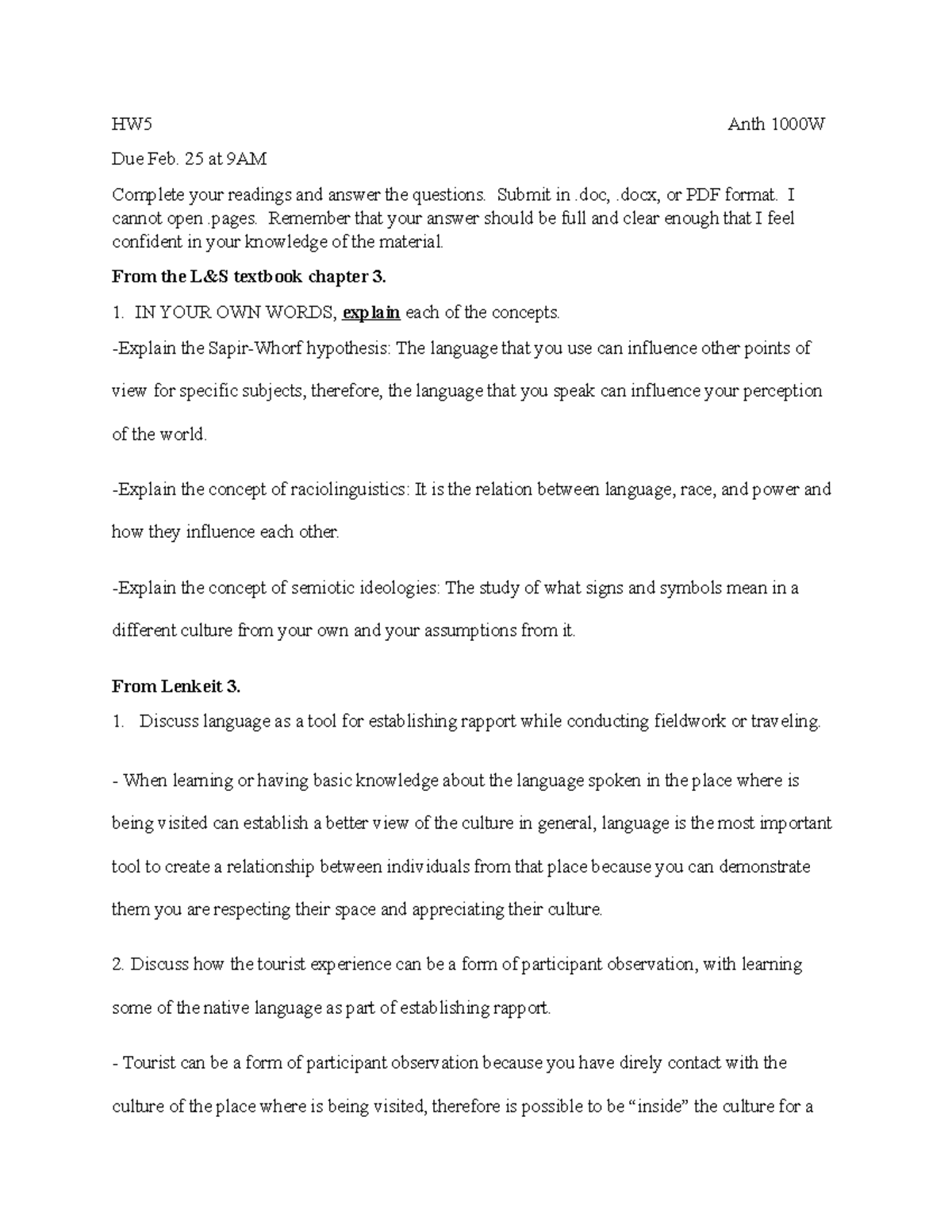 HW5 Feb25 - Heather Cruz - HW5 Anth 1000W Due Feb. 25 at 9AM Complete your readings and answer ...