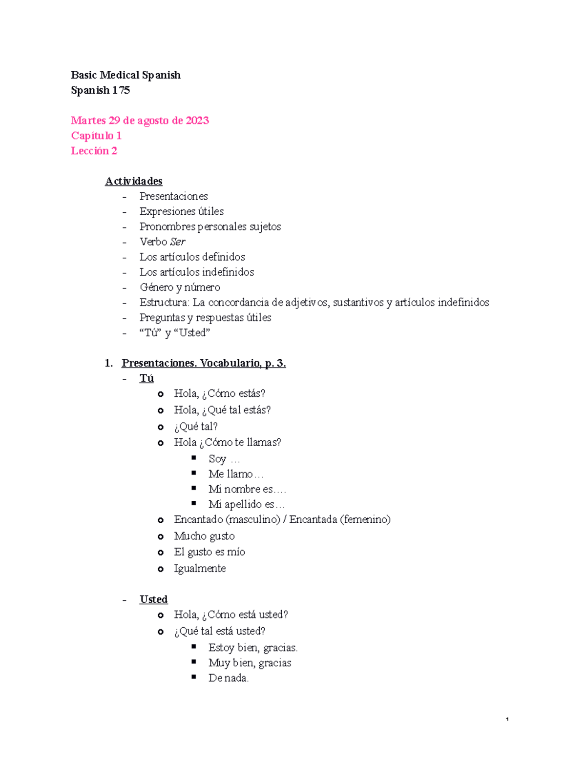 Capítulo 1-2 - notes - Basic Medical Spanish Spanish 175 Martes 29 de ...