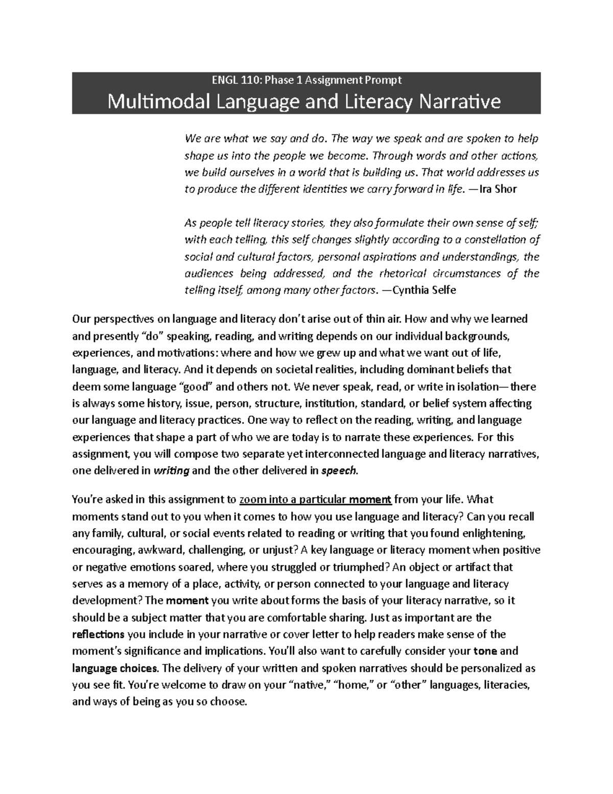 Assignment Prompt Phase 1 Language and Literacy Narrative ENGL 110 ...