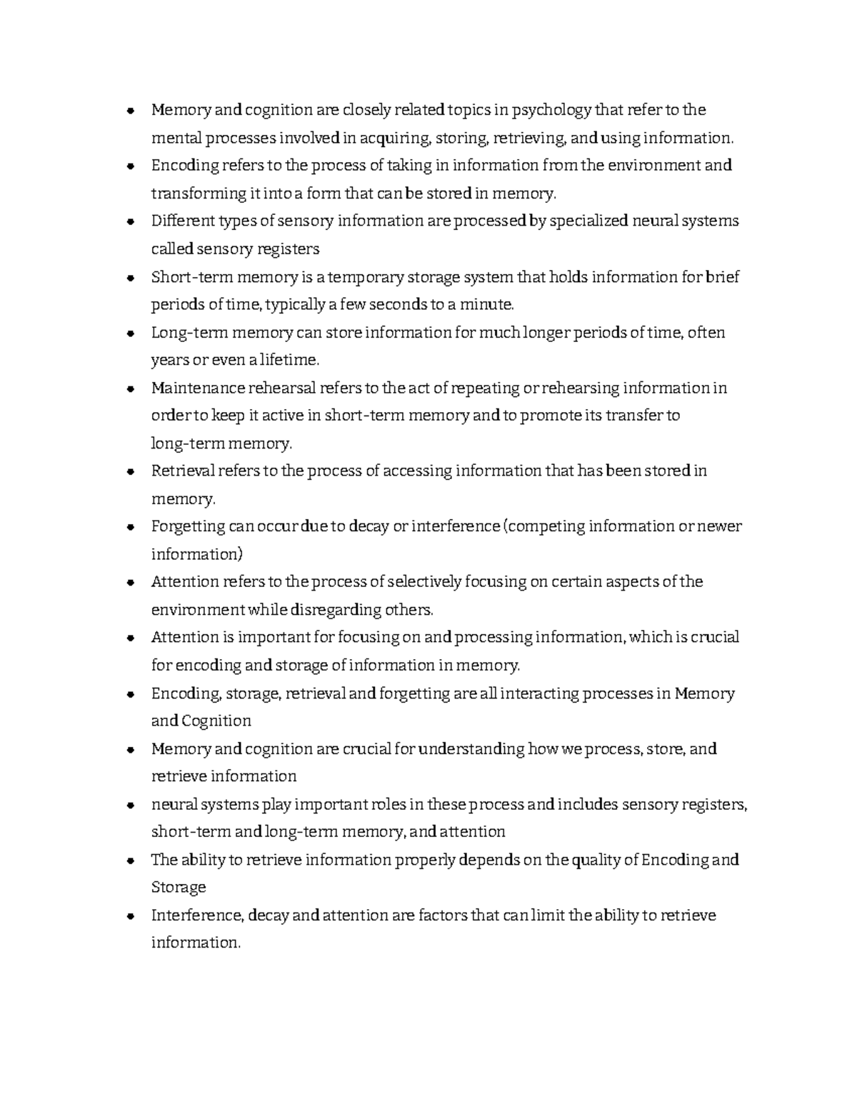 Memory and Cognition notes - Memory and cognition are closely related ...