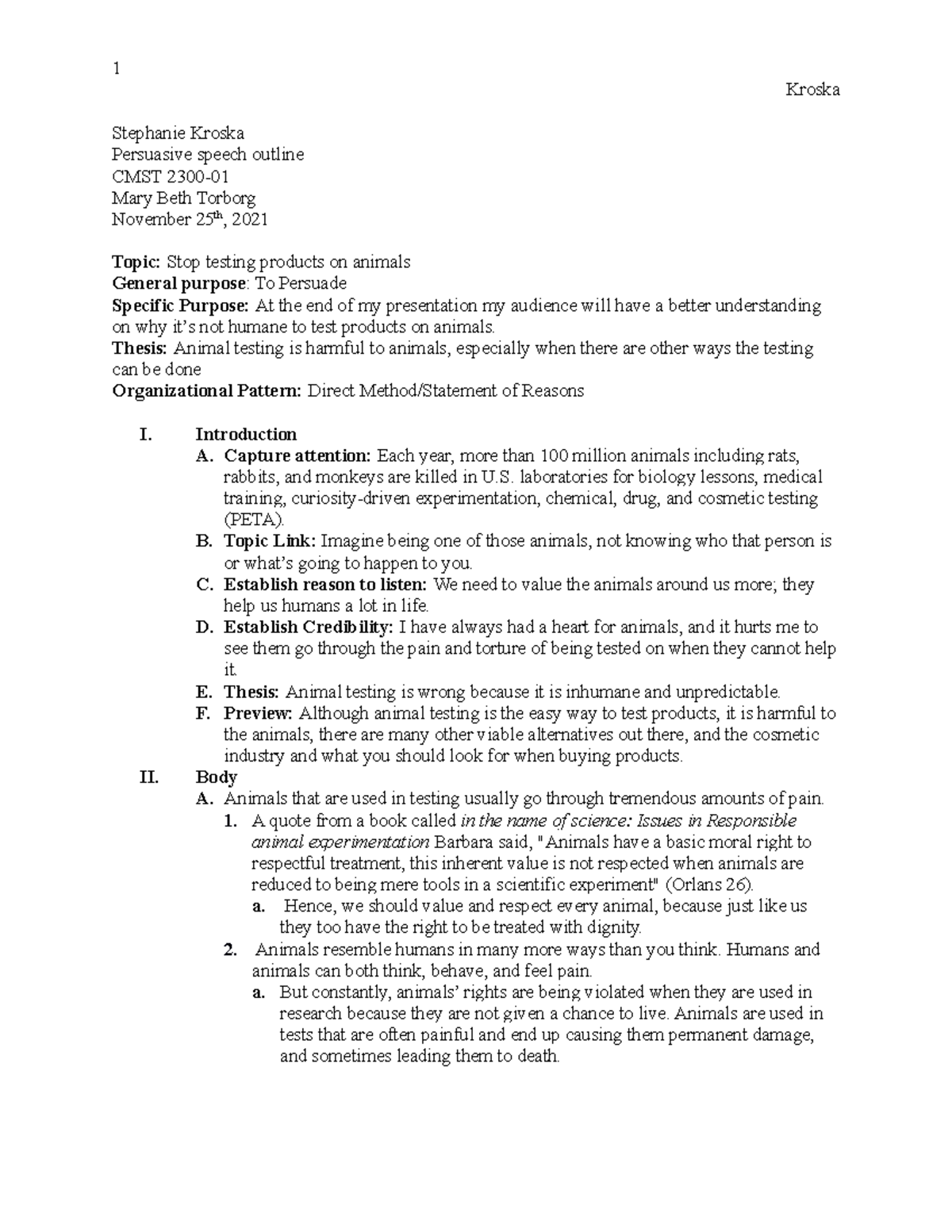 Persuasive speech outline - Kroska Stephanie Kroska Persuasive speech ...