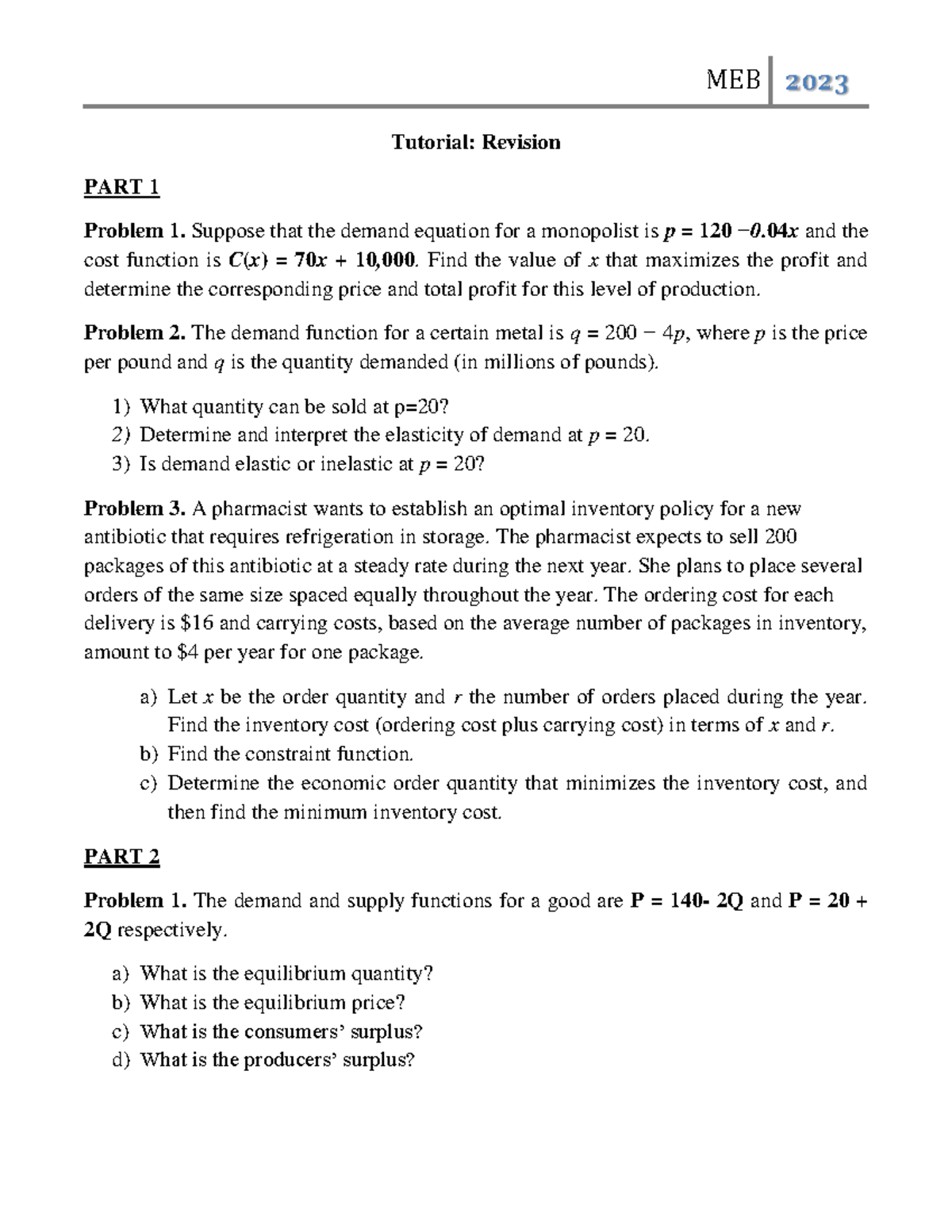 MEB 2023 TUT Rivision - MEB 2023 Tutorial: Revision PART 1 Problem 1 ...