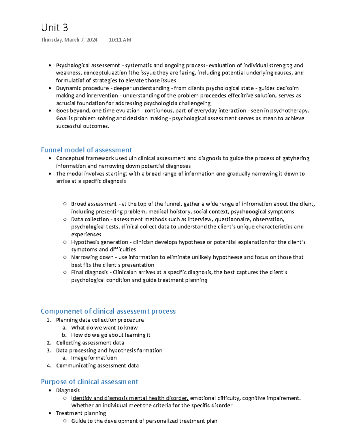 Clinical psychology unit 3 notes - Psychological assessemnt ...