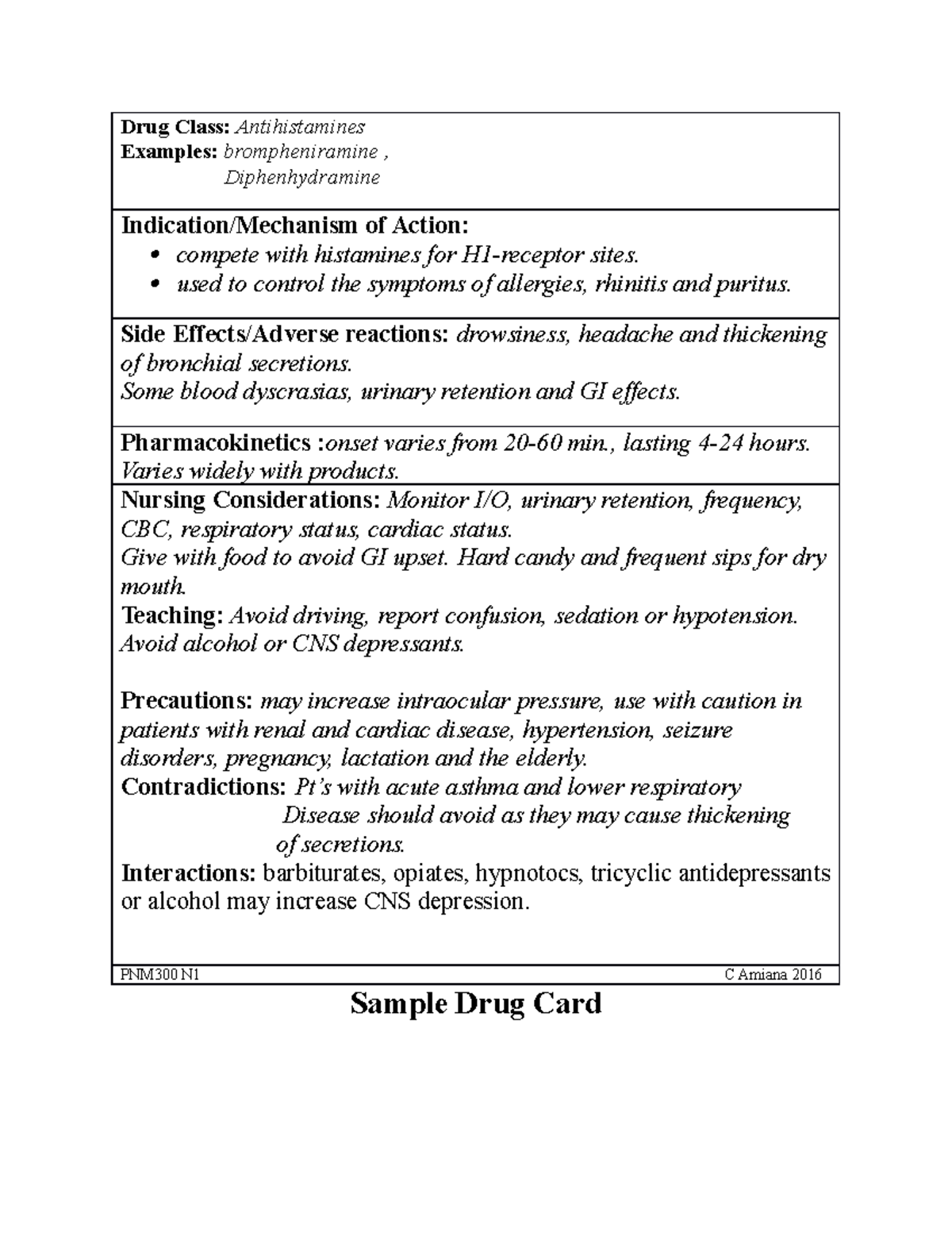Sample drug card - Drug Class: Antihistamines Examples: brompheniramine ...