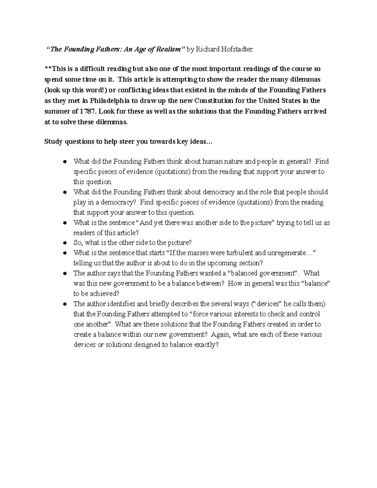 “The Founding Fathers An Age of Realism” by Richard Hofstadter Study ...