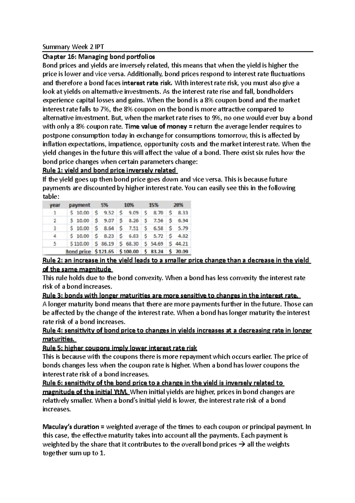 Summary week2 ipt1 - week 2 - Summary Week 2 IPT Chapter 16: Managing bond portfolios Bond ...