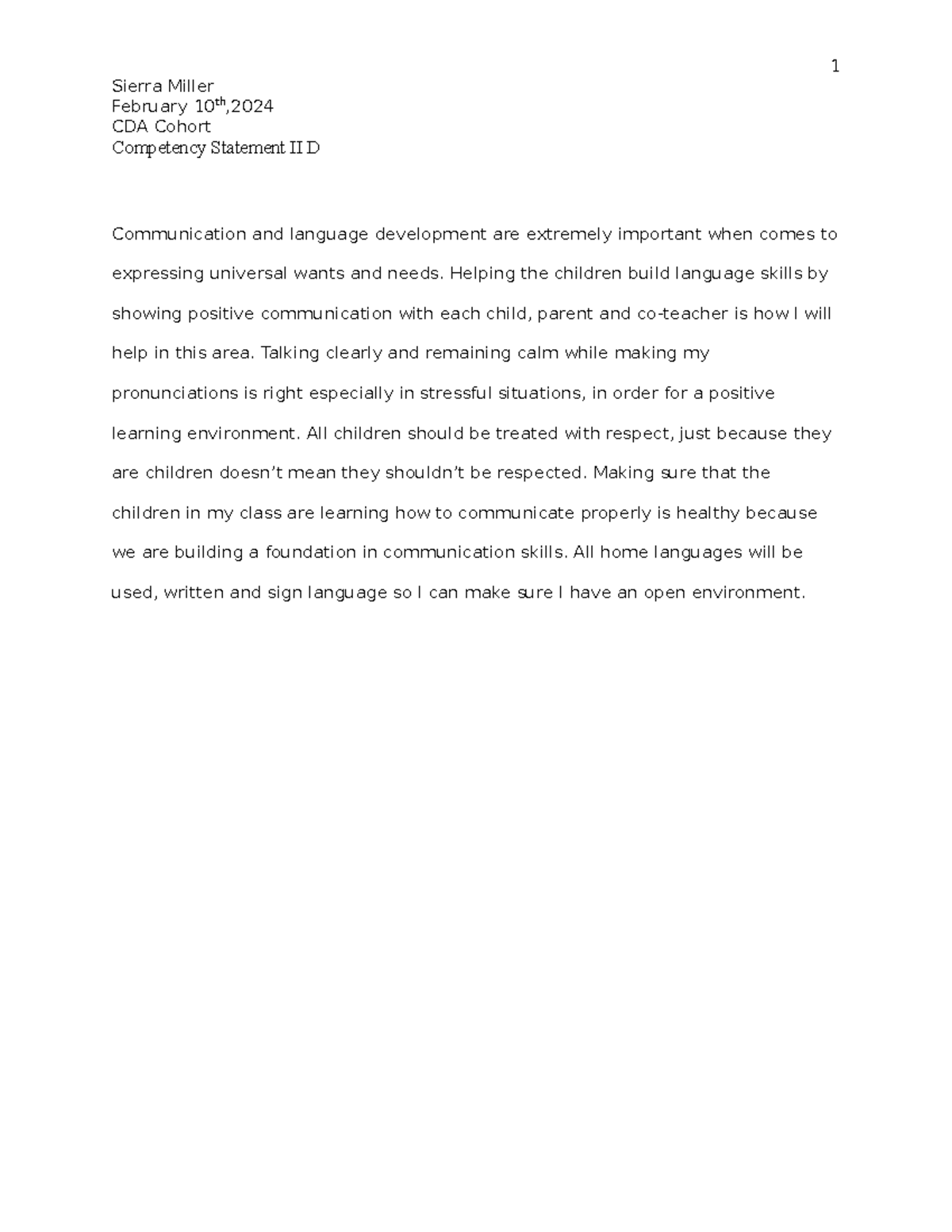 Competency Statement II D - 1 Sierra Miller February 10th, CDA Cohort ...