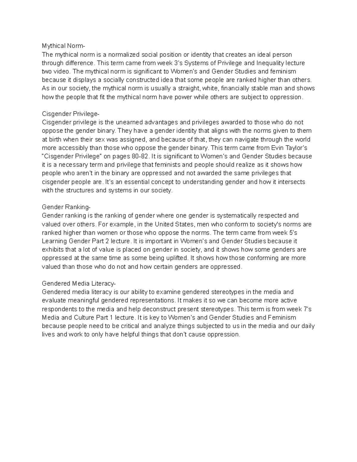 WGS Exam Key Terms - Summary of some key term definitions. - Mythical ...