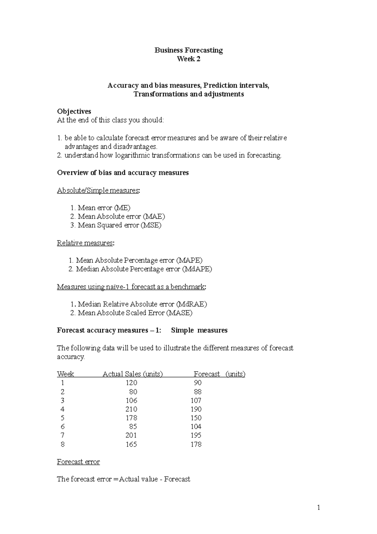 Forecasting Notes Week 2 Accuracy Measures 2022 23 10 Business