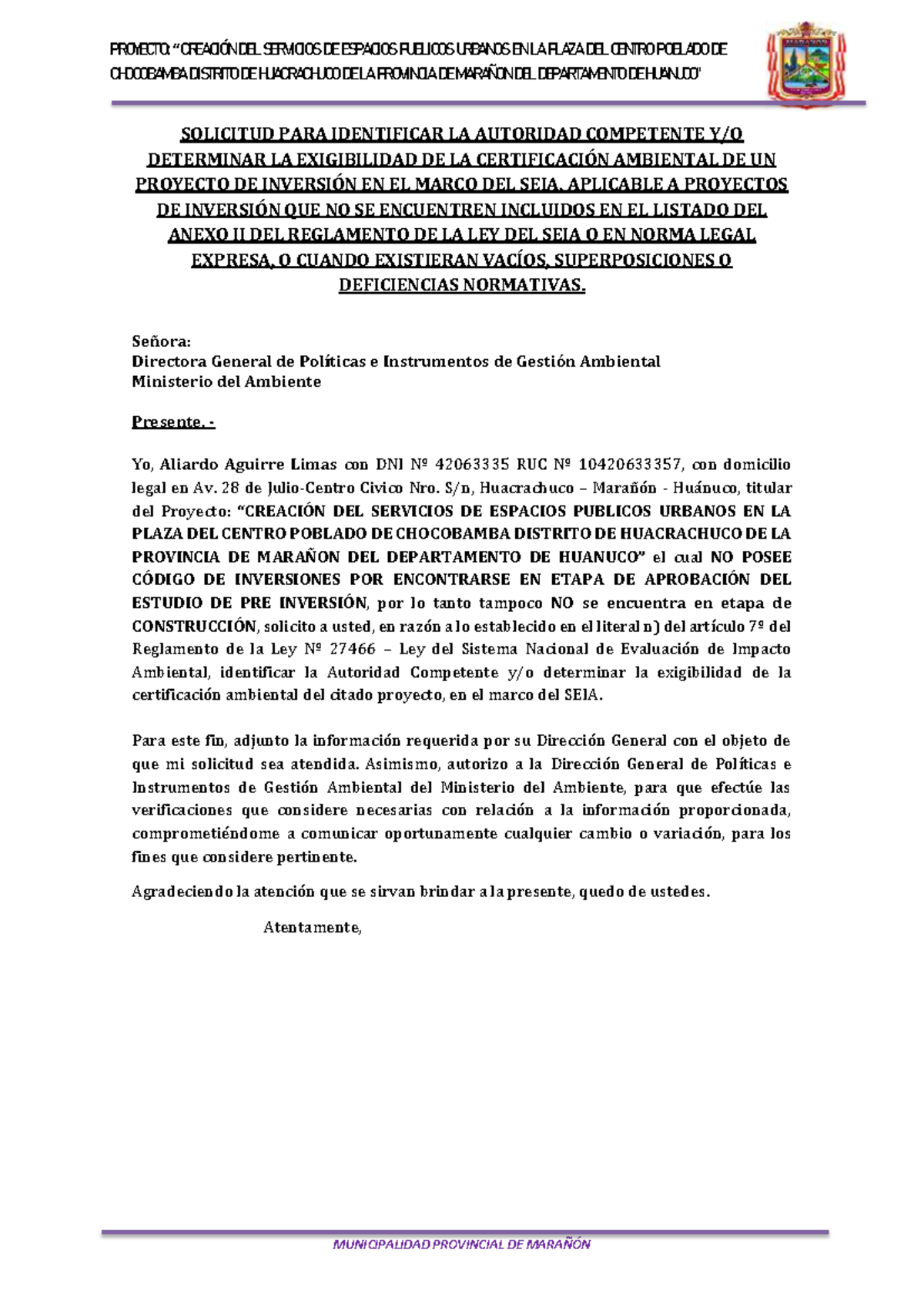 Formato Minam Plaza - CHOCOBAMBA DISTRITO DE HUACRACHUCO DE LA ...