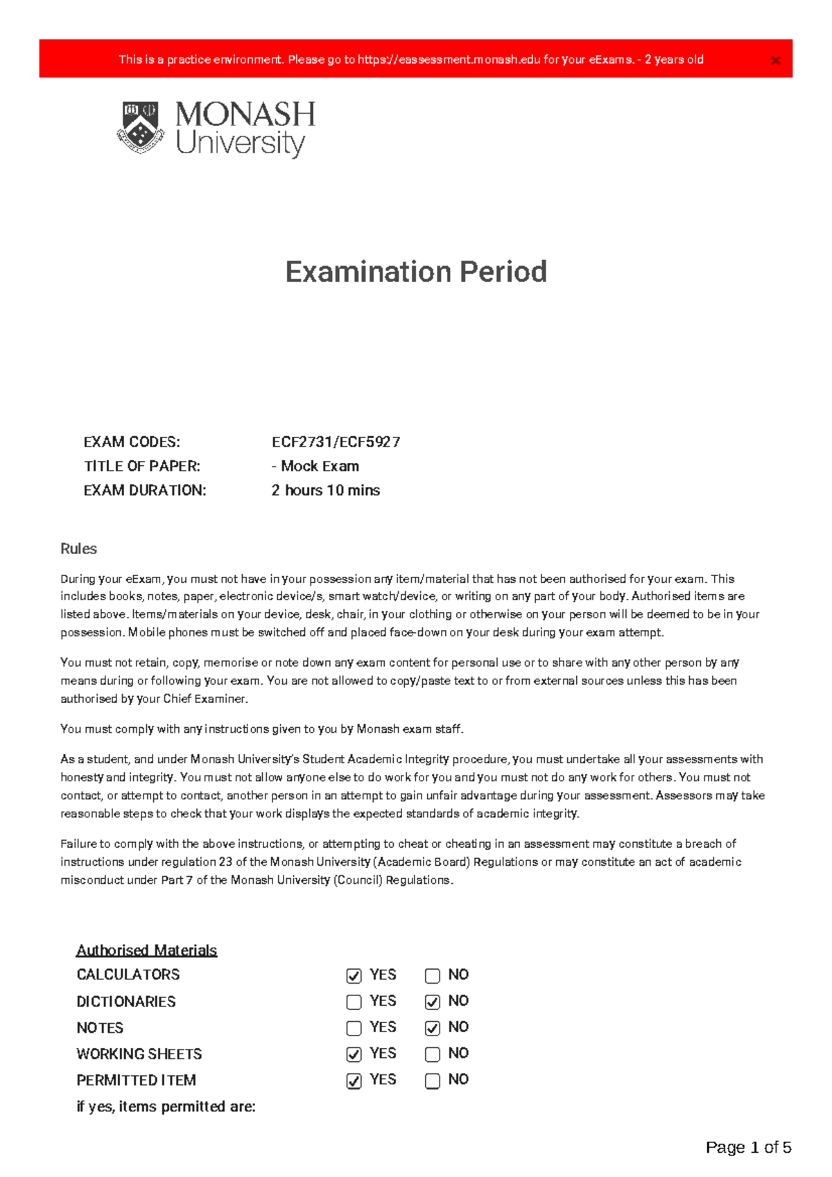 ECF2731 ECF5927 - Mock Exam - Examination Period EXAM CODES: ECF2731 ...