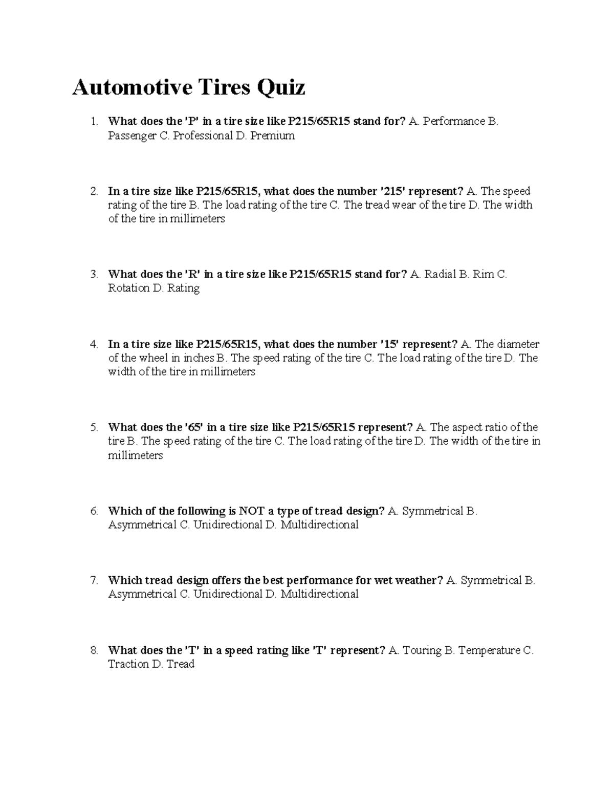 Tire quiz - Its hard - Automotive Tires Quiz What does the 'P' in a ...