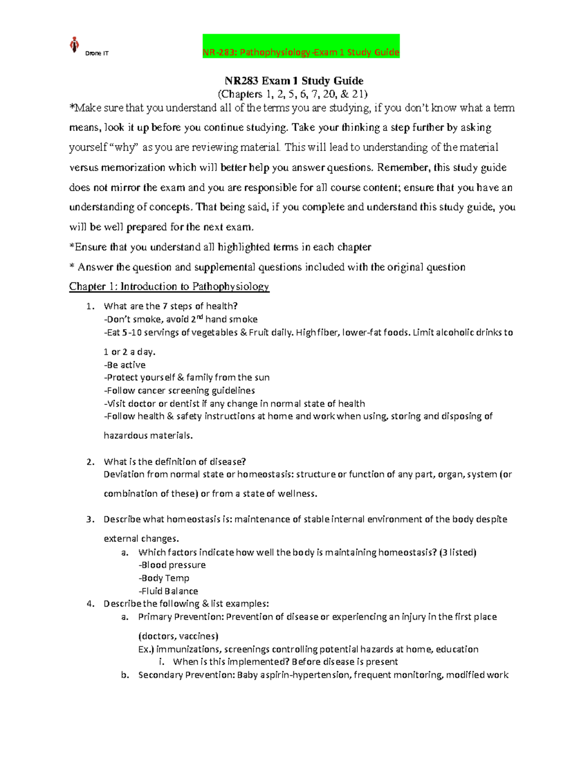 NR-283 Pathophysiology-Exam 1 Study Guide - NR283 Exam 1 Study Guide ...