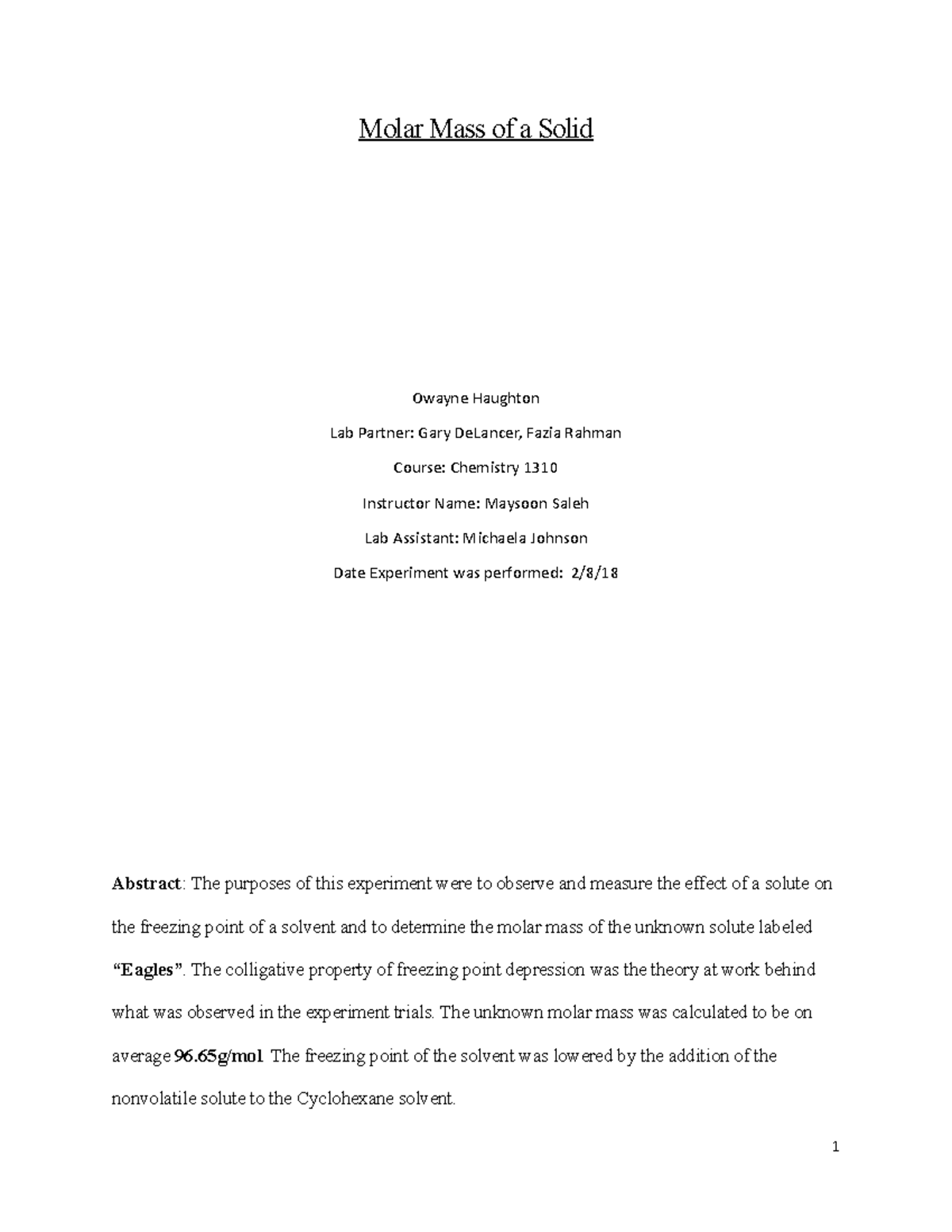 Experiment 14 Lab Report Chem Molar Mass Of Of A Solid Molar Mass Of