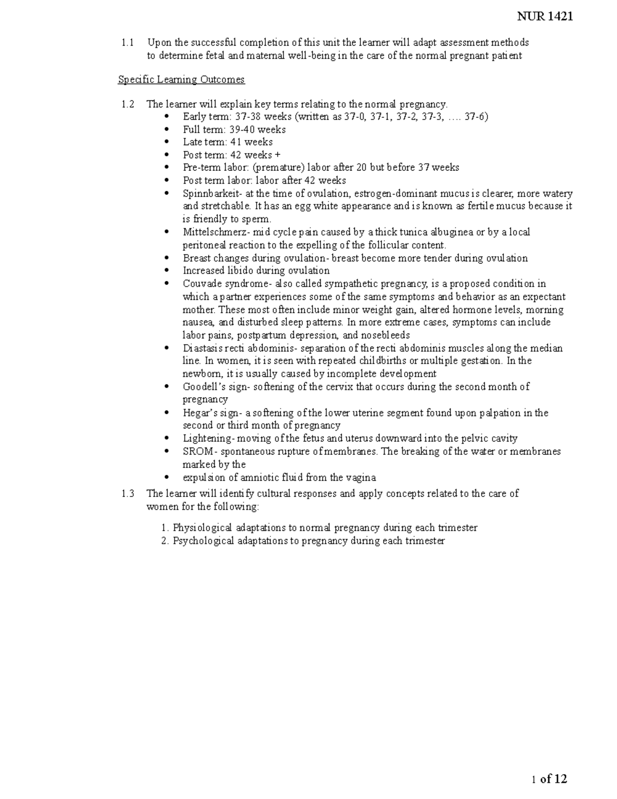 Normal Pregnancy Notes - 1 Upon the successful completion of this unit ...