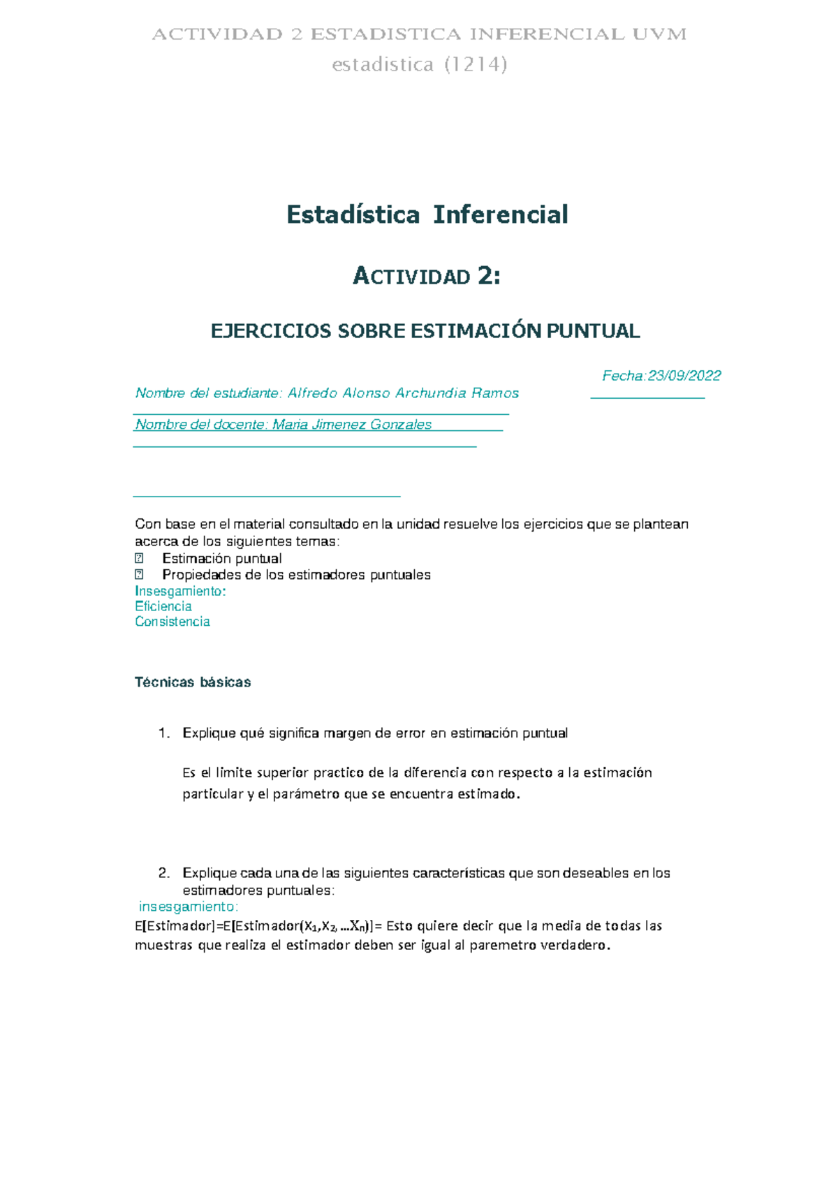 Actividad 2 Ejercicios Estadistica Inferencial - ACTIVIDAD 2 ESTADISTICA INFERENCIAL UVM ...