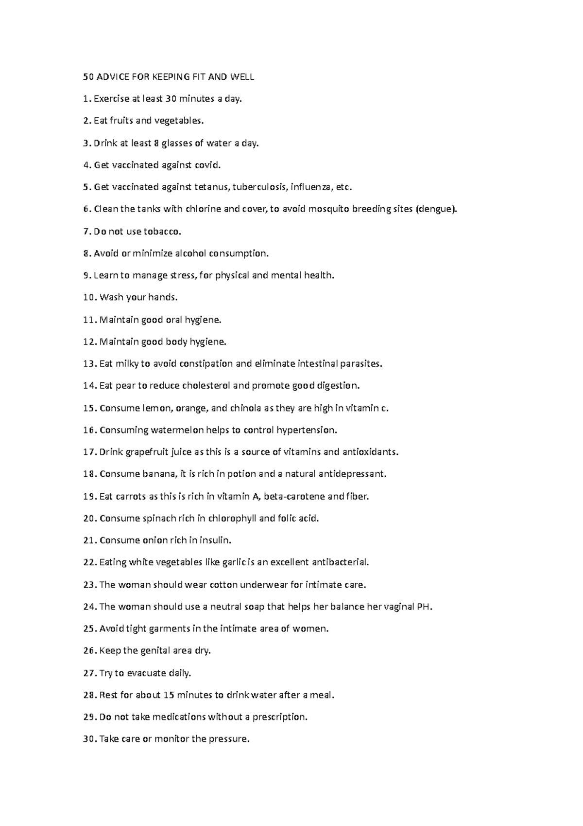 50 Advice FOR Keeping FIT AND WELL - 50 ADVICE FOR KEEPING FIT AND WELL ...