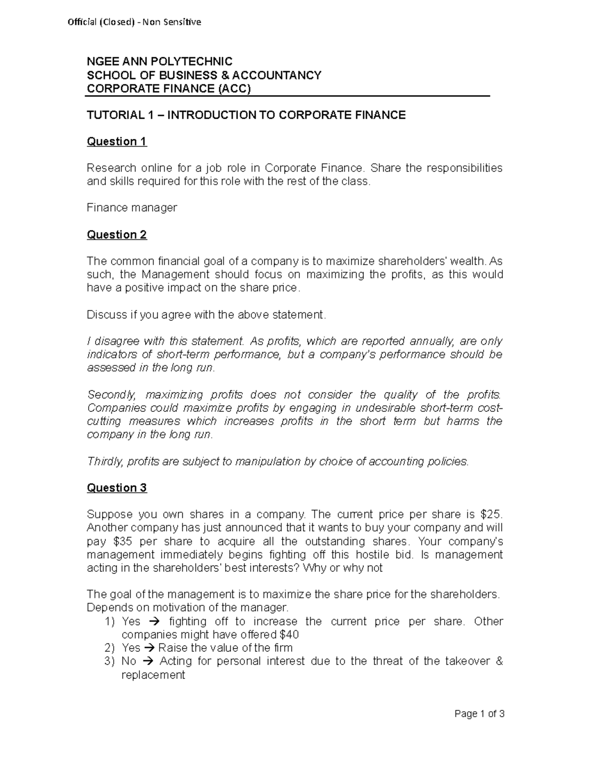 CF Topic 1 Introduction to Corporate Finance Tutorial Qns - NGEE ANN POLYTECHNIC SCHOOL OF ...