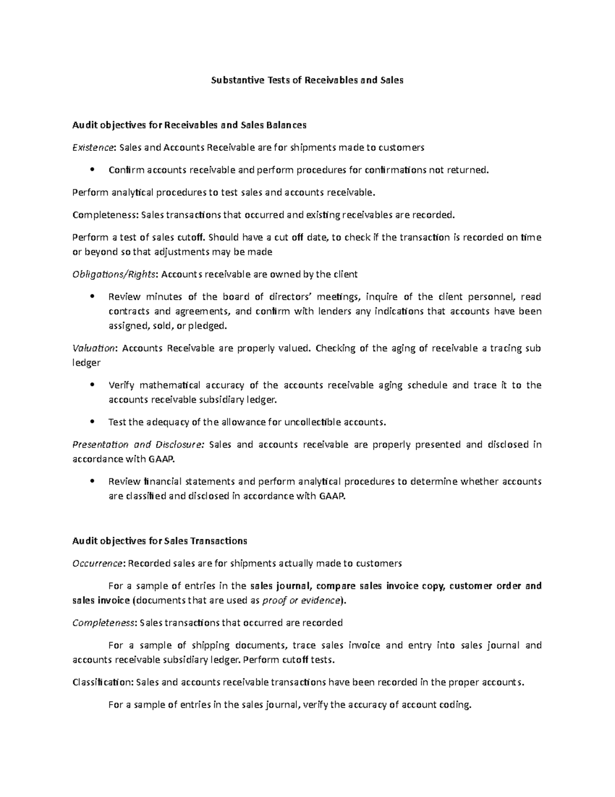 Lecture notes on substantive Tests of Receivables and Sales ...
