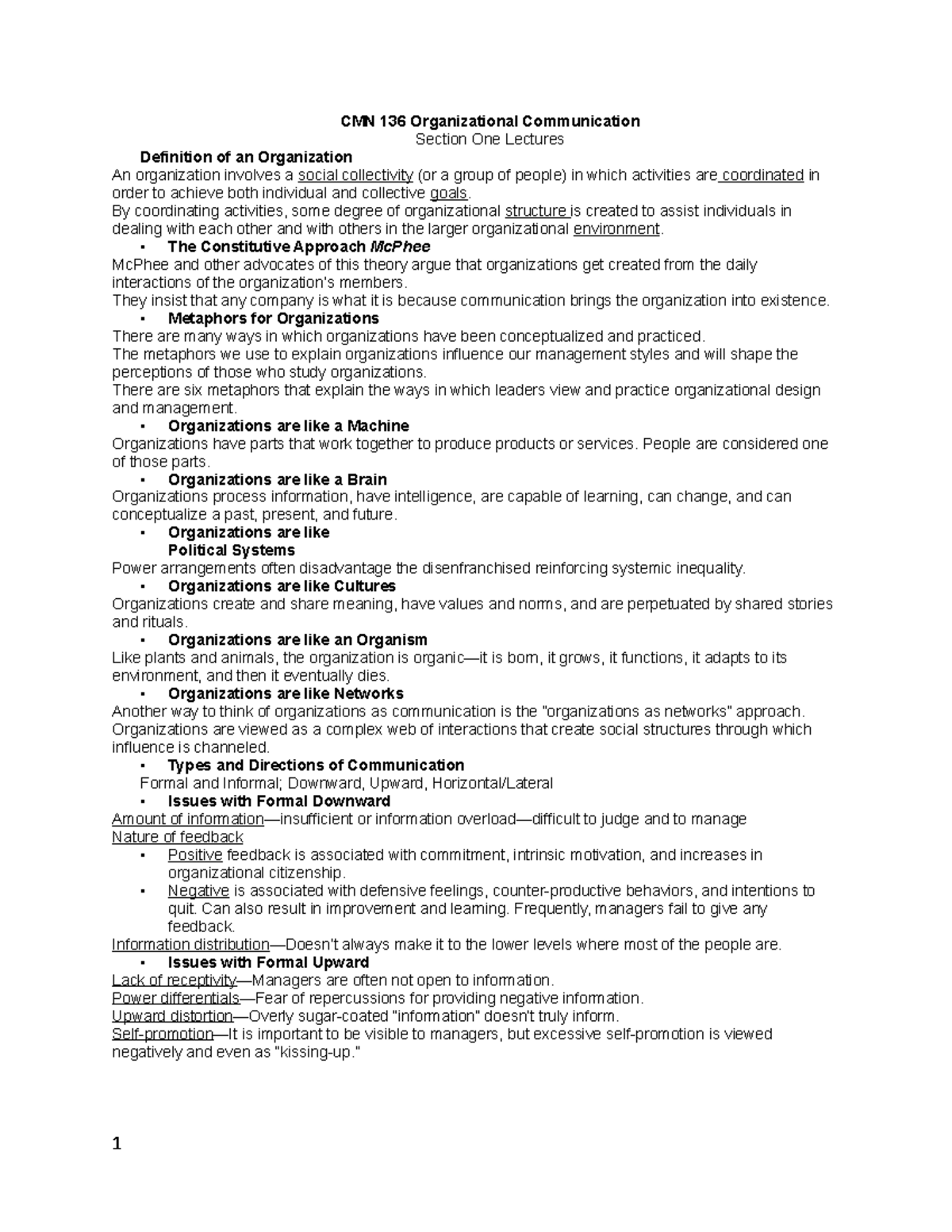 Section 1 Lecture Notes - CMN 136 Organizational Communication Section ...